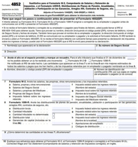 Formulario 4852 del IRS, sustituto del formulario W-2 o formulario 1099-R